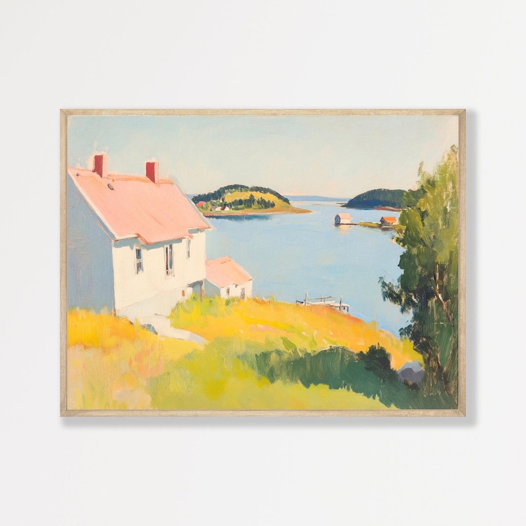 Coastal Village Painting: Neutral Vintage Landscape Wall Art - Etsy