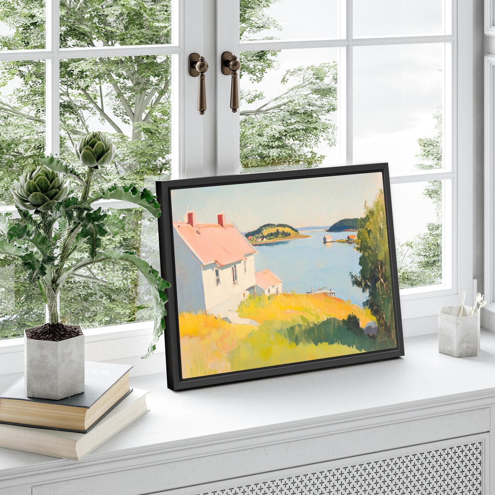 Coastal Village Painting: Neutral Vintage Landscape Wall Art - Etsy