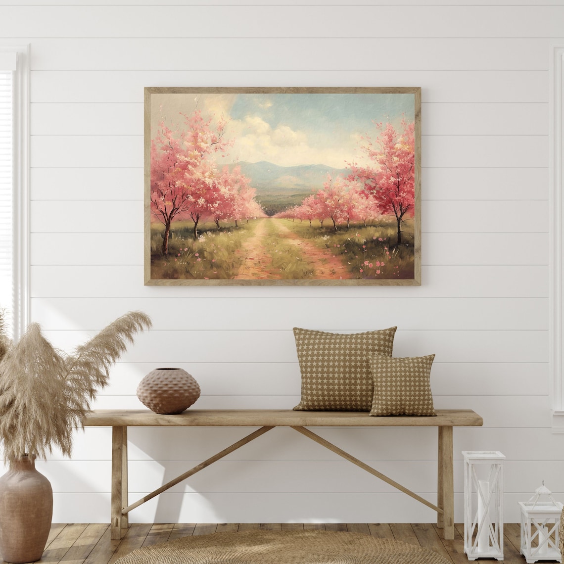 Countryside Cherry Blossom Painting, Retro Rustic Road Scene - Etsy