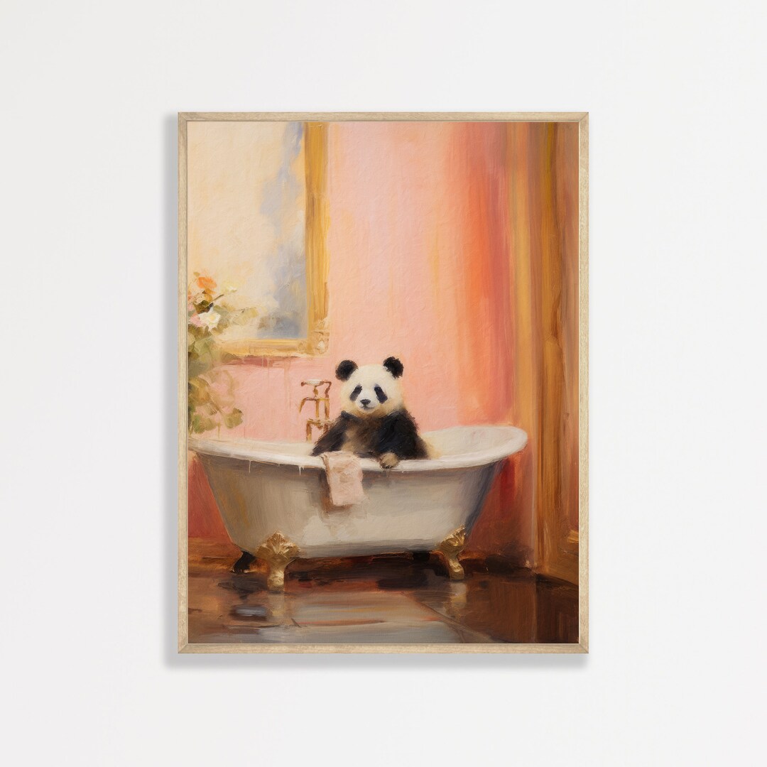 Panda Bathroom Print | Retro Cute Animal Nursery Wall Art | Minimal ...