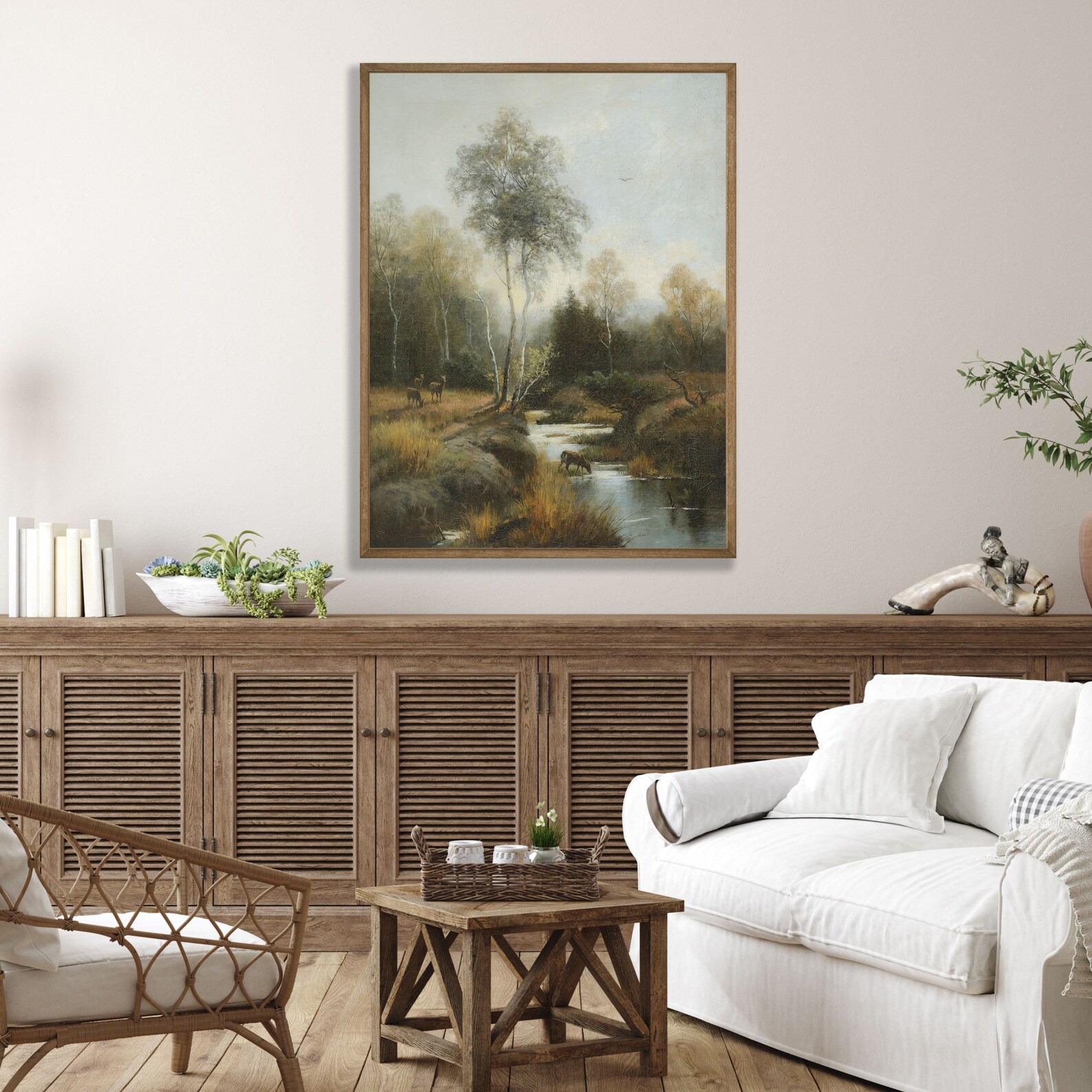 Vintage Nature Art Print Deer in River Landscape Painting - Etsy