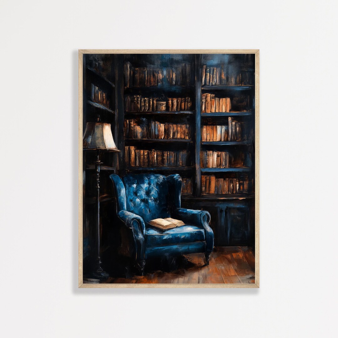 Moody Library Painting | Vintage Bookish Interior Wall Art | Dark ...