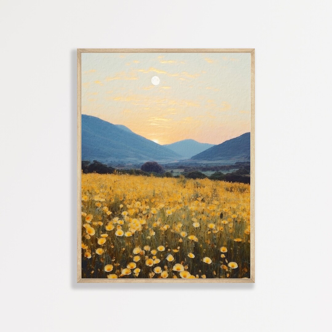Yellow Flower Field Painting: Retro Countryside Landscape Art - Etsy