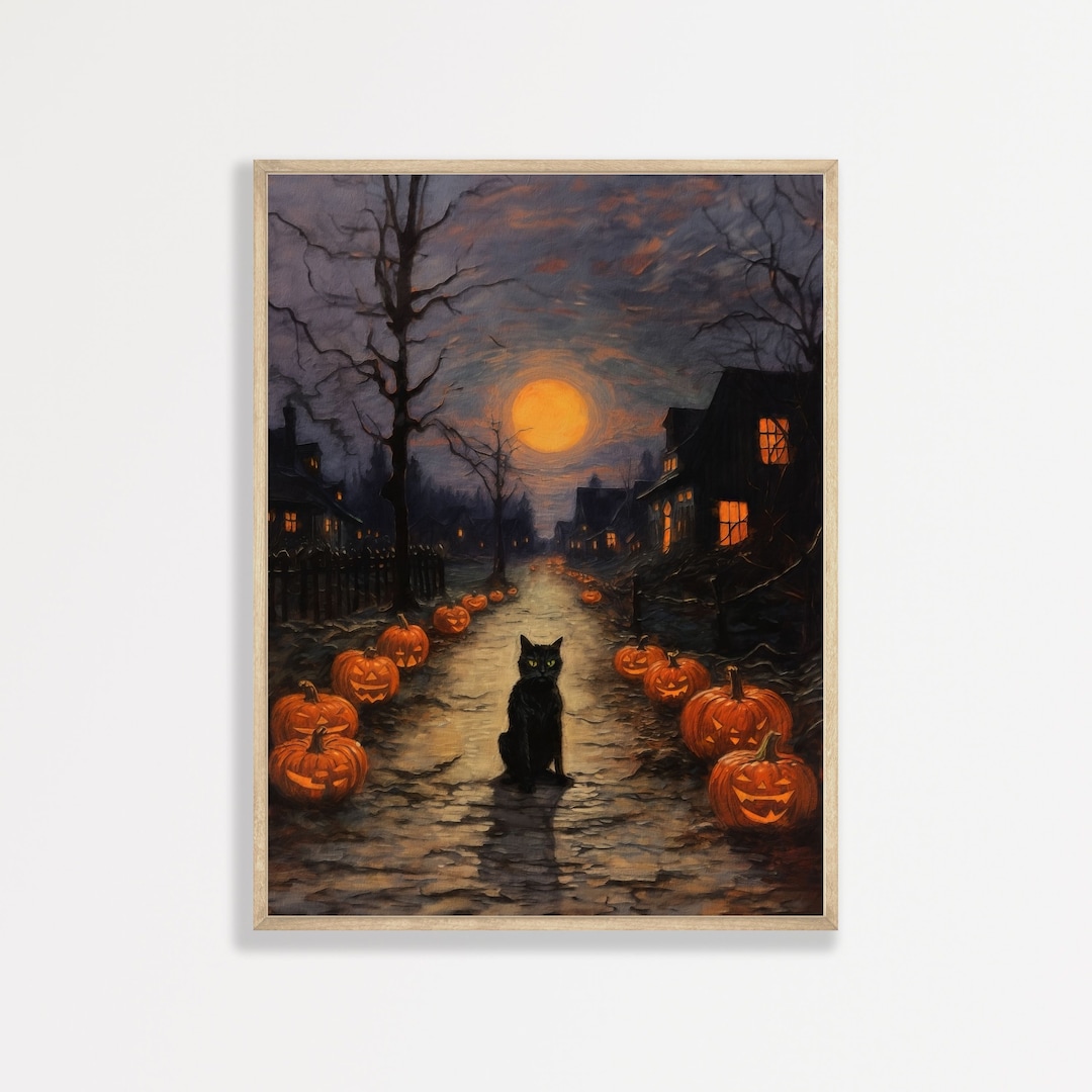 Spooky Halloween Print | Black Cat Painting | Dark Academia Decor ...