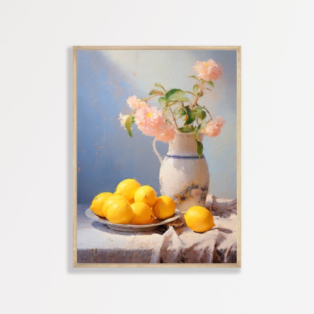 Lemons Kitchen Print | Retro Still Life Floral Painting | Minimal ...