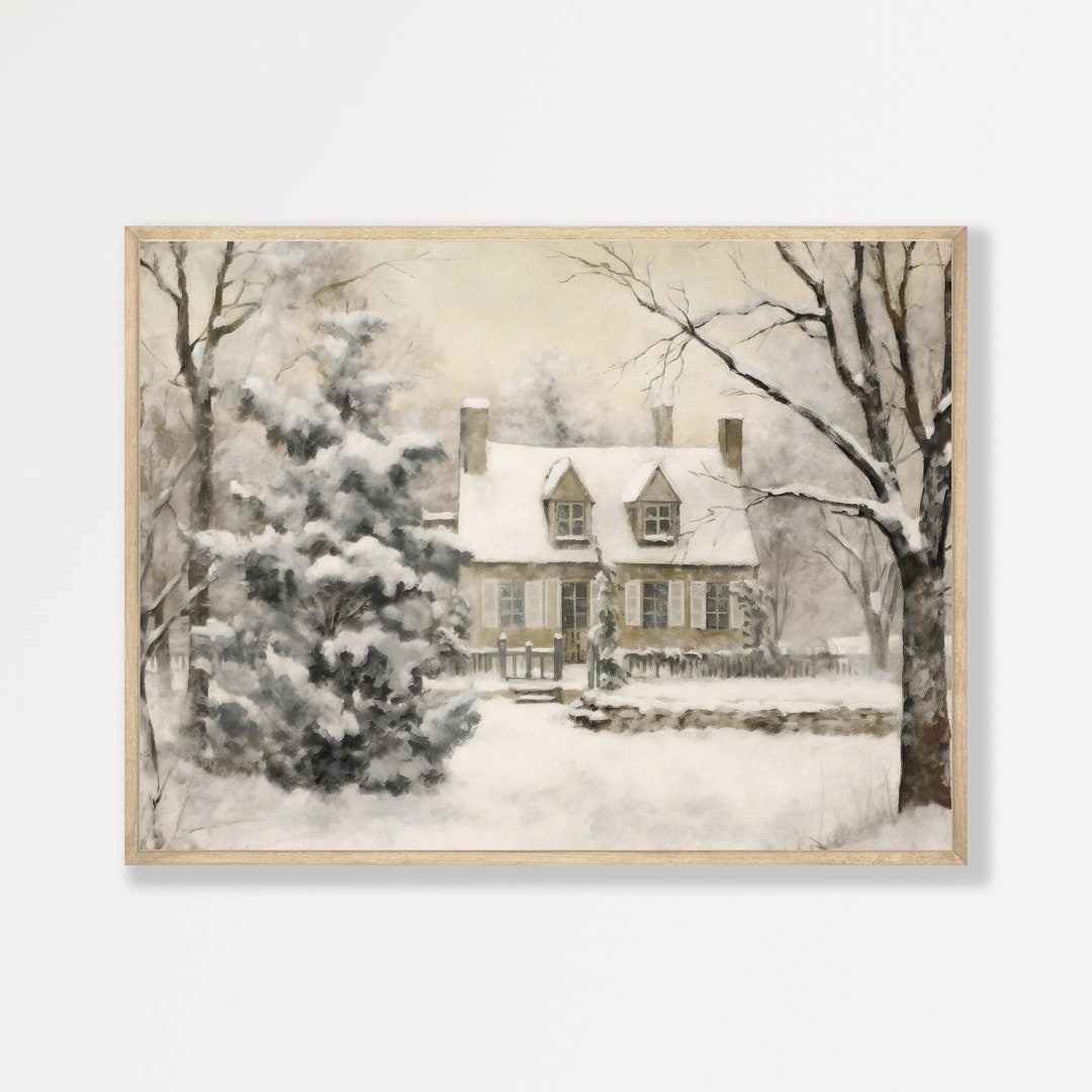 Winter Cottage Painting | Muted Snowy Countryside Wall Art | Minimal ...