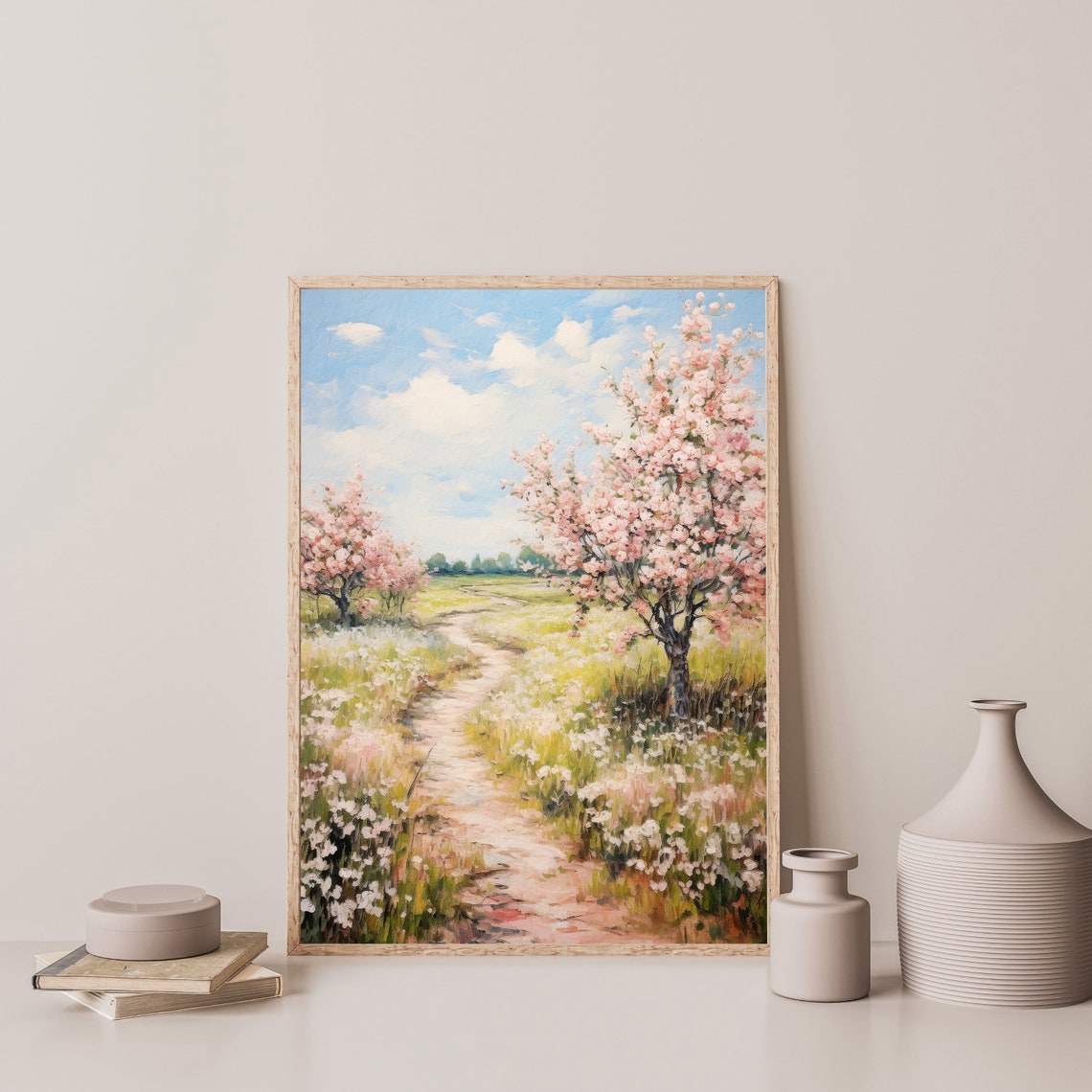 Retro Countryside Painting - Spring Landscape, Vintage Farmhouse Art - Etsy