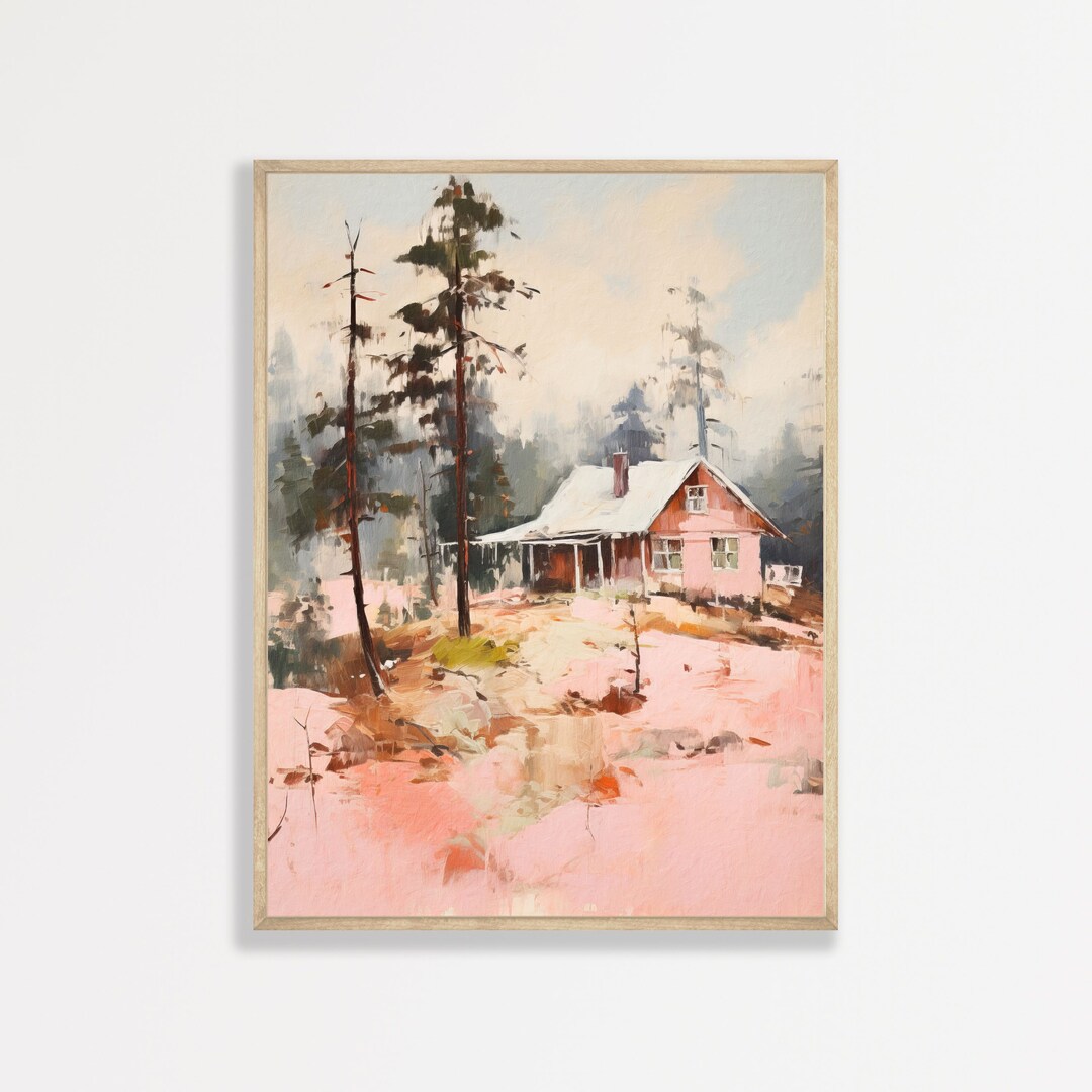 Vintage Pink Cabin Painting - Pastel Nature Wall Decor - Etsy
