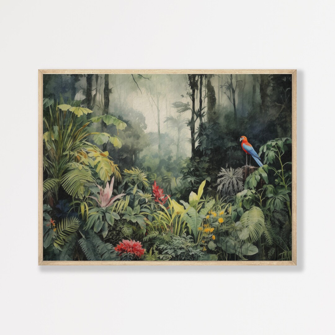 Jungle Art Print | Vintage Tropical Oil Painting | Retro Nursery Wall ...