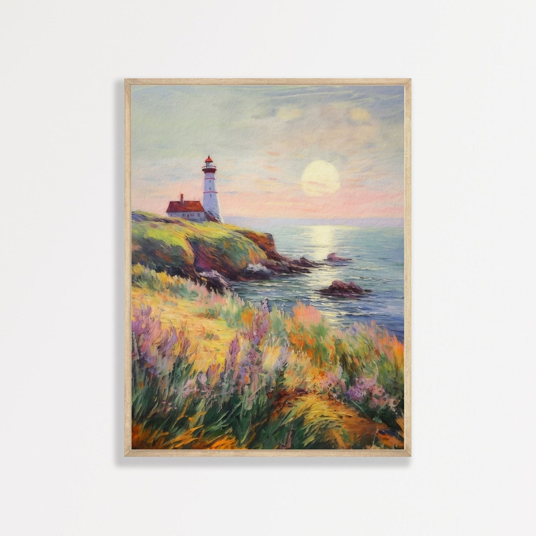 Coastal Lighthouse Print | Retro Seascape Painting | Vintage Aesthetic ...