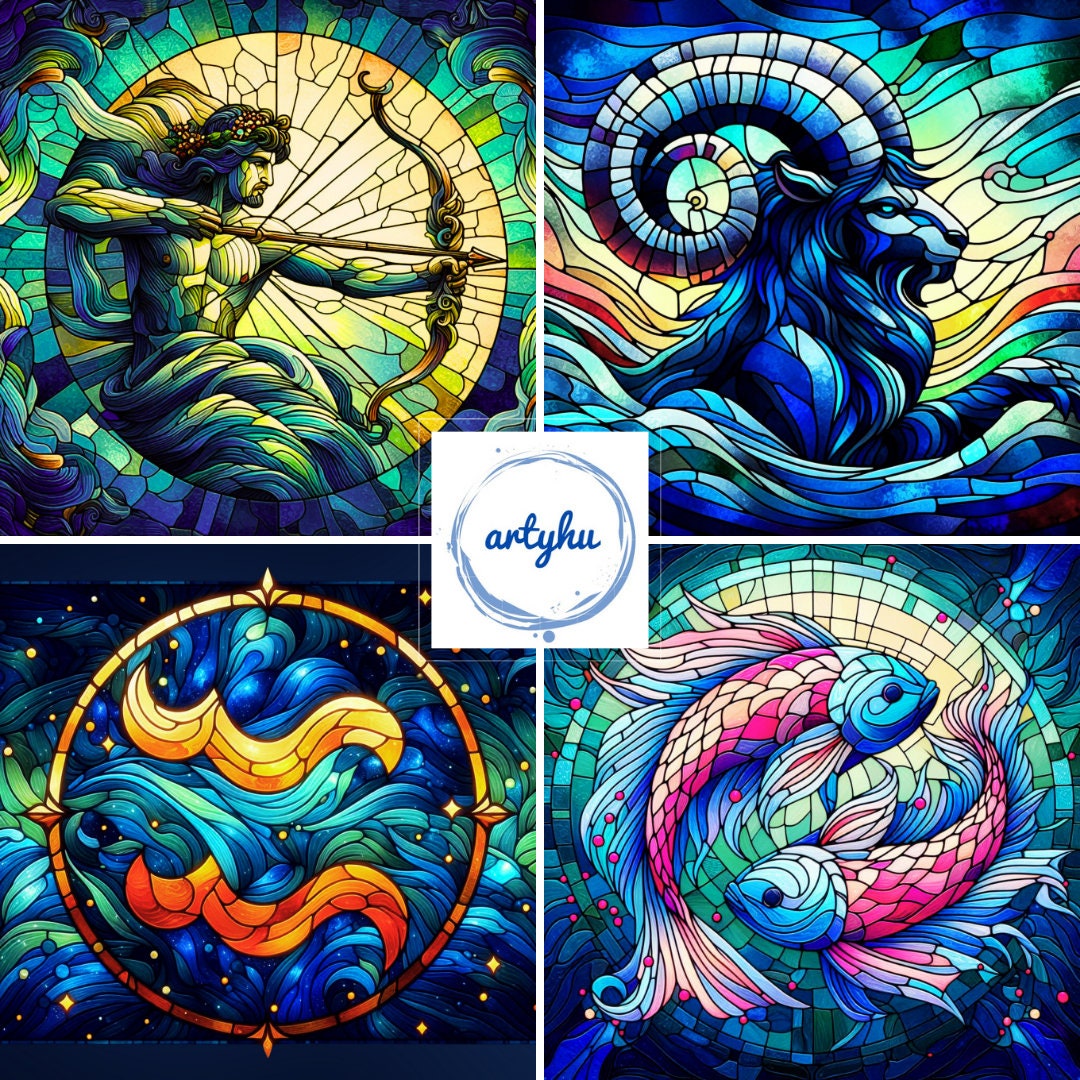 12 Zodiac Bundle Set, Unique Stained Glass Style Clipart, 24 Digital ...