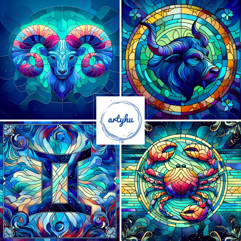 12 Zodiac Bundle Set, Unique Stained Glass Style Clipart, 24 Digital ...