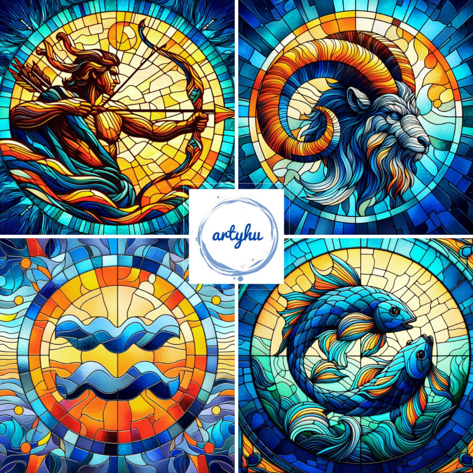 12 Zodiac Bundle Set, Unique Stained Glass Style Clipart, 24 Digital ...