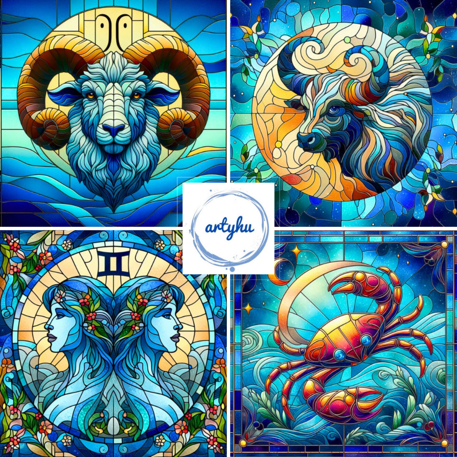 12 Zodiac Bundle Set, Unique Stained Glass Style Clipart, 24 Digital ...
