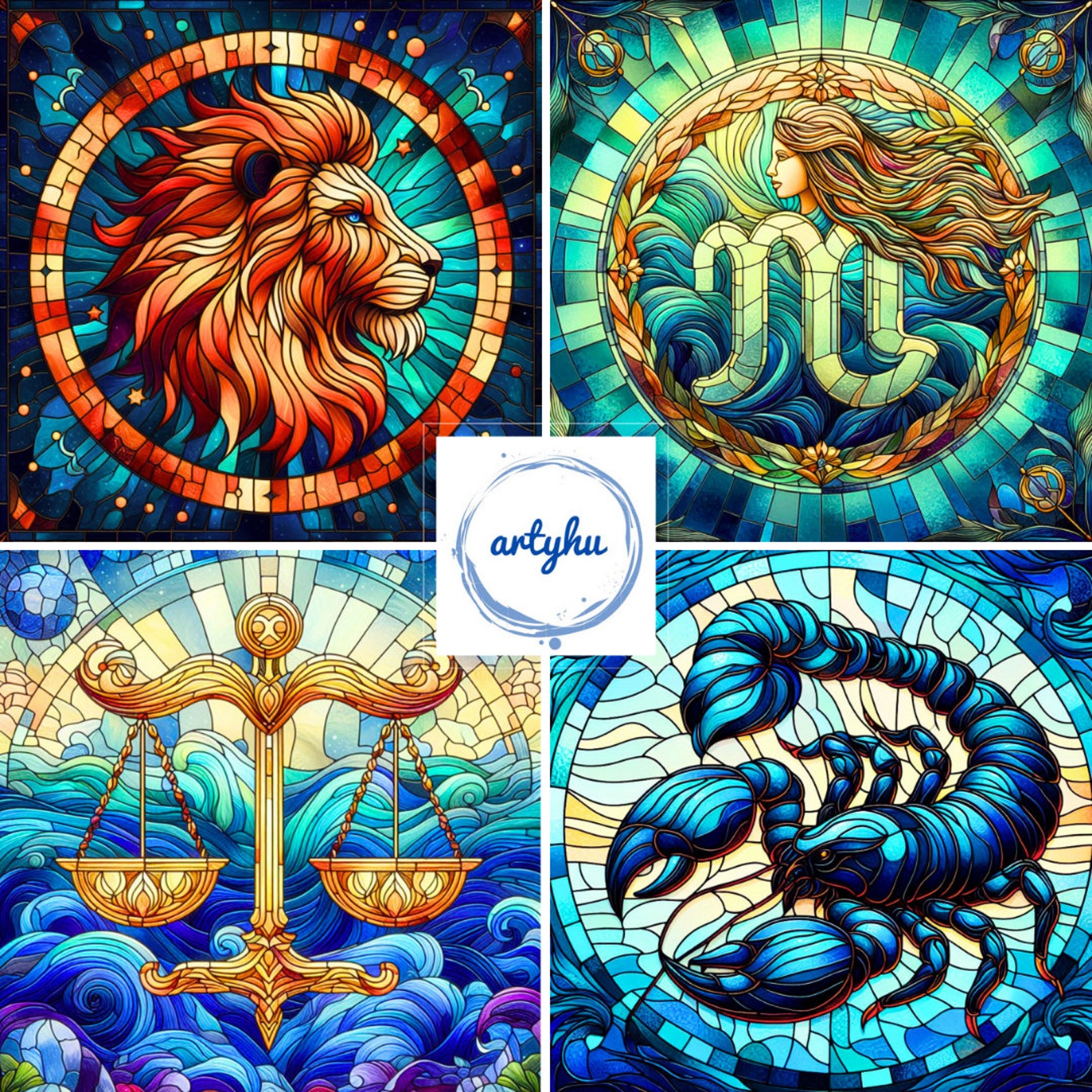 12 Zodiac Bundle Set, Unique Stained Glass Style Clipart, 24 Digital ...