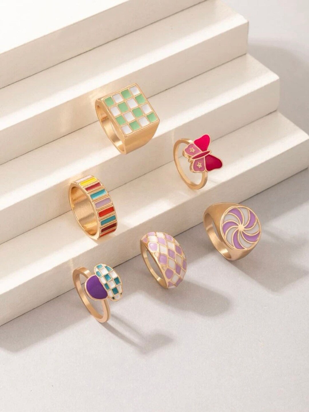 Checker Print 6 Piece Statement Butterfly Mushroom Ring Set Stacking ...