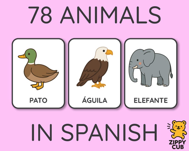 Animal Flash Cards, Mexican Spanish Printable Preschool Toddler Baby ...