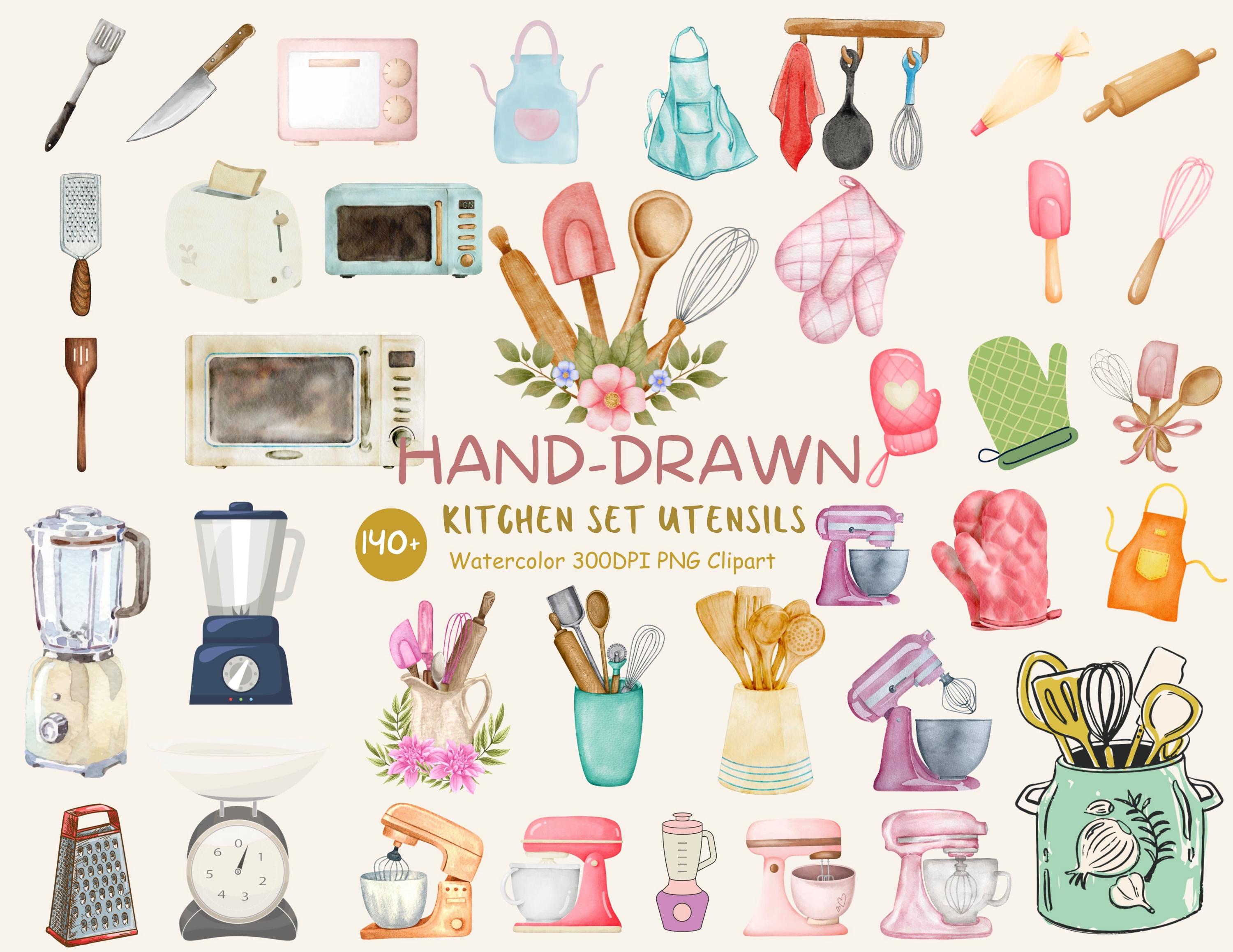 Watercolor Kitchen Clipart Set – Utensils, Baking Supplies, Cookware ...