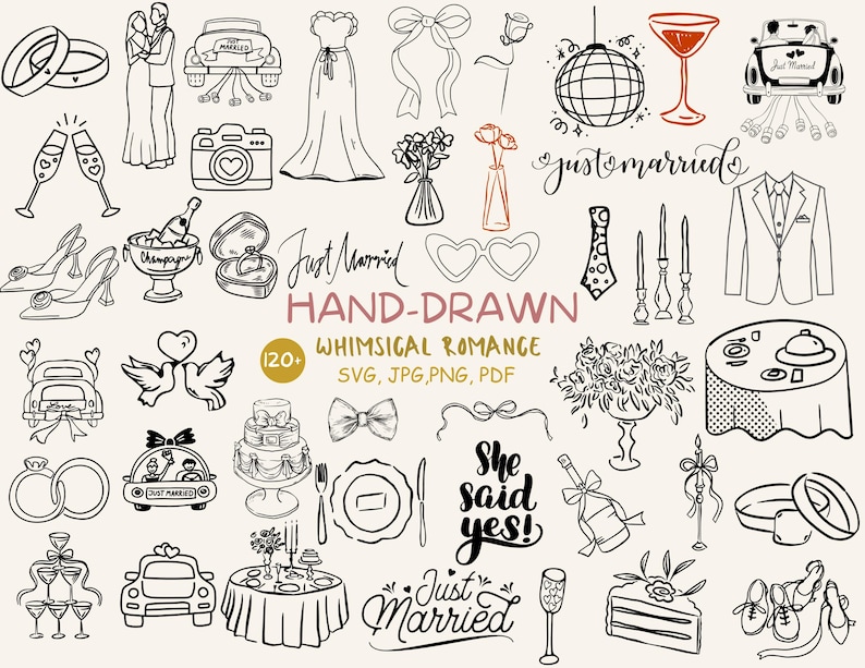 Hand-drawn Wedding Clipart Bundle: Whimsical Illustrations (digital ...