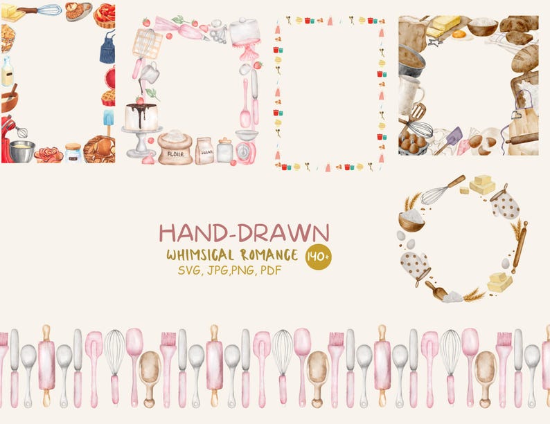 Watercolor Kitchen Clipart Set – Utensils, Baking Supplies, Cookware ...