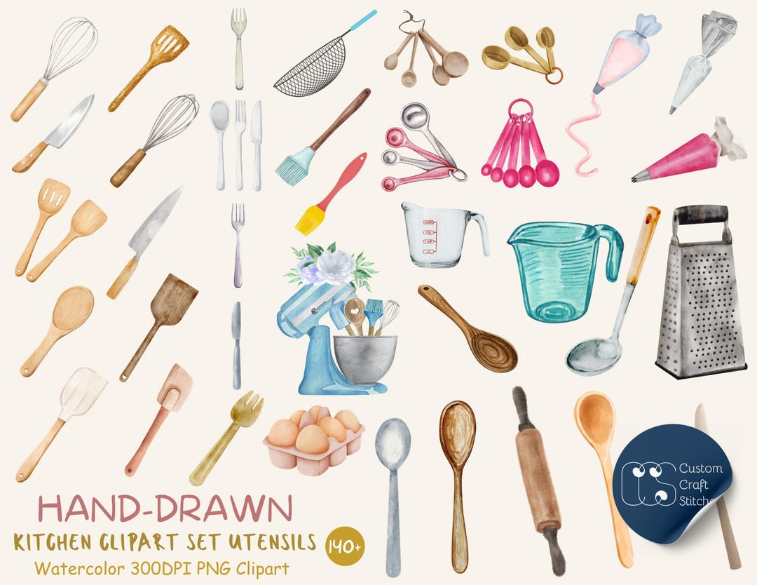 Watercolor Kitchen Clipart Set – Utensils, Baking Supplies, Cookware ...