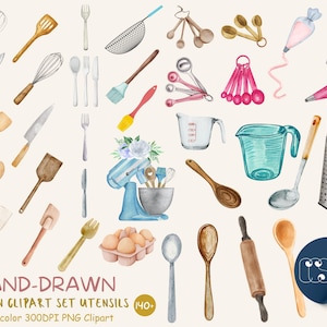 Watercolor Kitchen Clipart Set – Utensils, Baking Supplies, Cookware ...