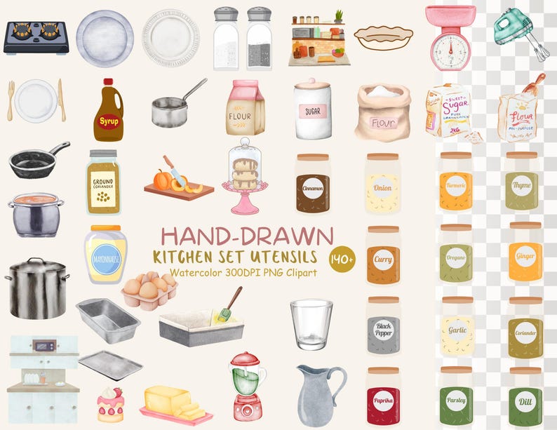 Watercolor Kitchen Clipart Set – Utensils, Baking Supplies, Cookware ...