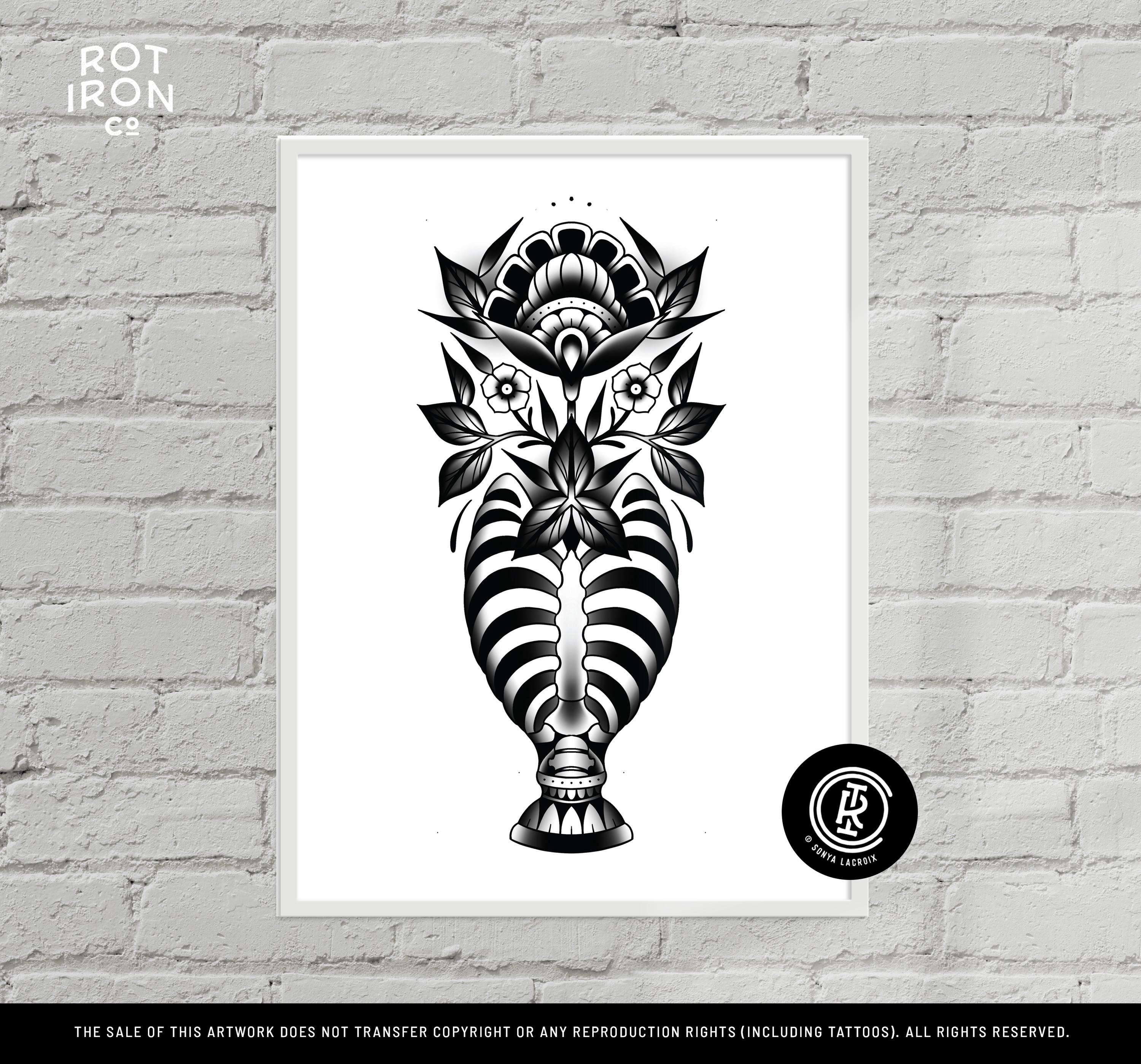 Rib Vase, Floral, Rot Iron Co., Traditional Tattoo Flash, Black and ...