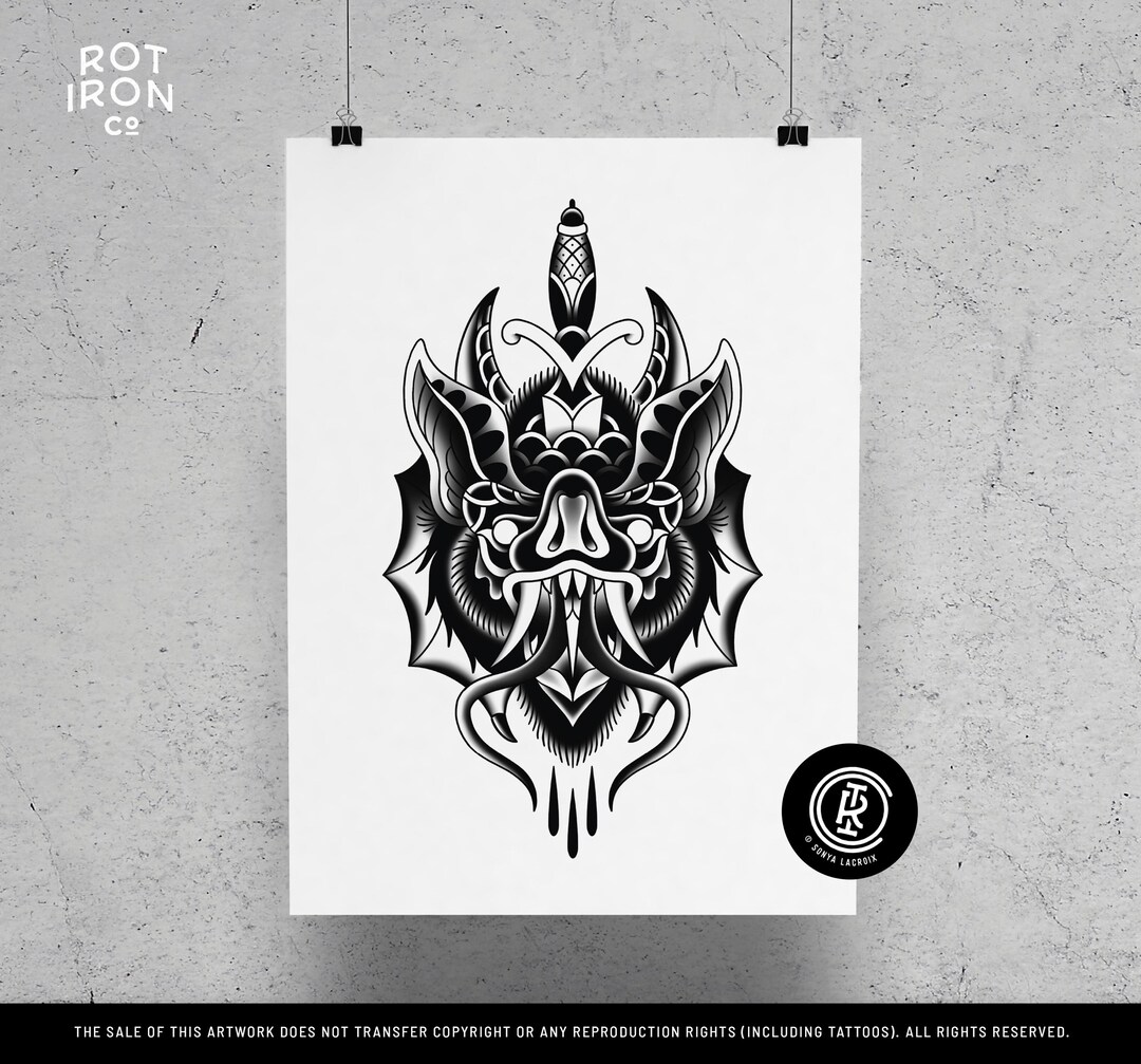 Bat Demon, Devil, Rot Iron Co., Traditional Tattoo Flash, Black and ...