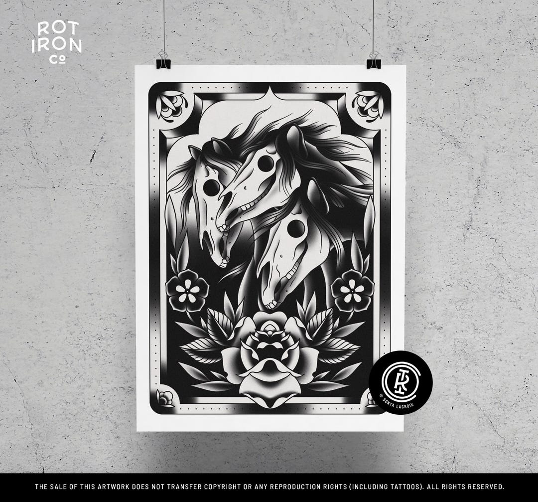 Pharaoh's Horses, Rot Iron Co., Traditional Tattoo Flash, Black and ...