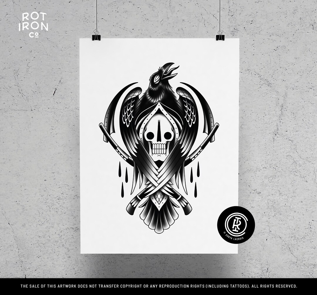 Raven Reaper, Rot Iron Co., Traditional Tattoo Flash, Black and White ...