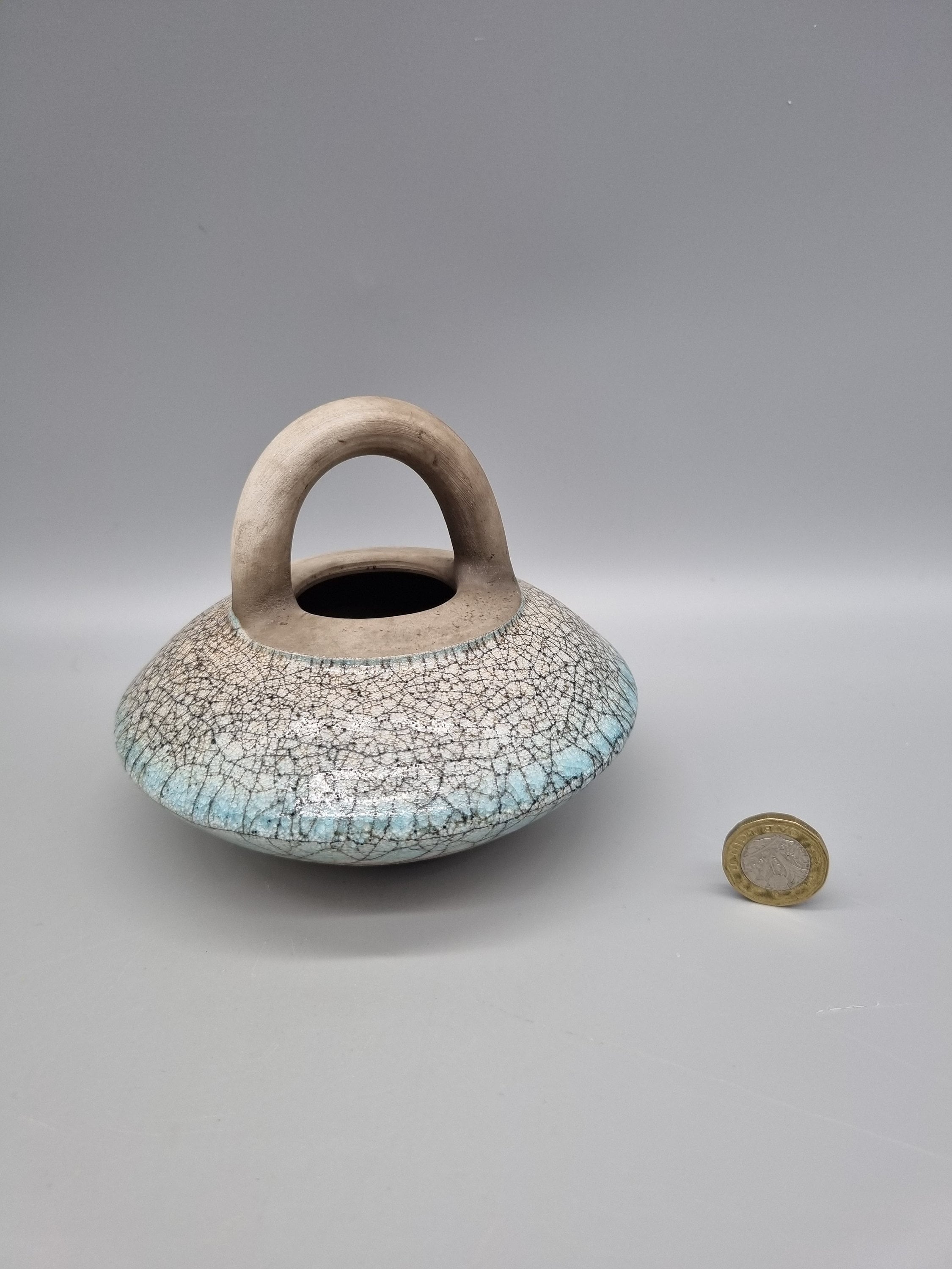 A Tim Andrews Studio Pottery Raku Vessel With White & Turquoise Crackle ...