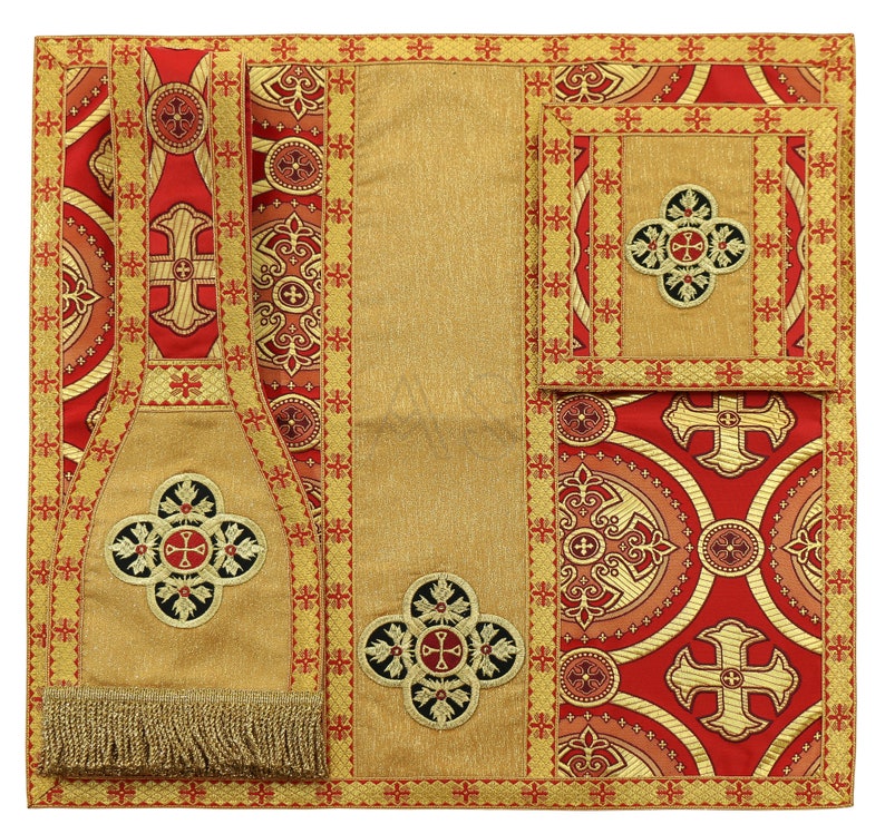 Red Roman Chasuble With Matching Stole, Maniple, Burse and Chalice Veil ...
