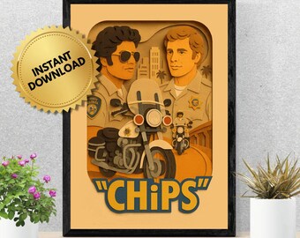 Ponch & John Chips Poster – Vintage 70s Motorcycle Wall Art, Paper‑cut ...