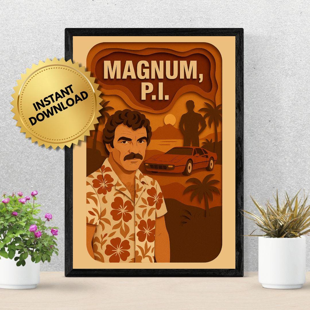 Magnum P.I. Vintage Poster – 80s Hawaii Paper Cut Art, Printable TV ...