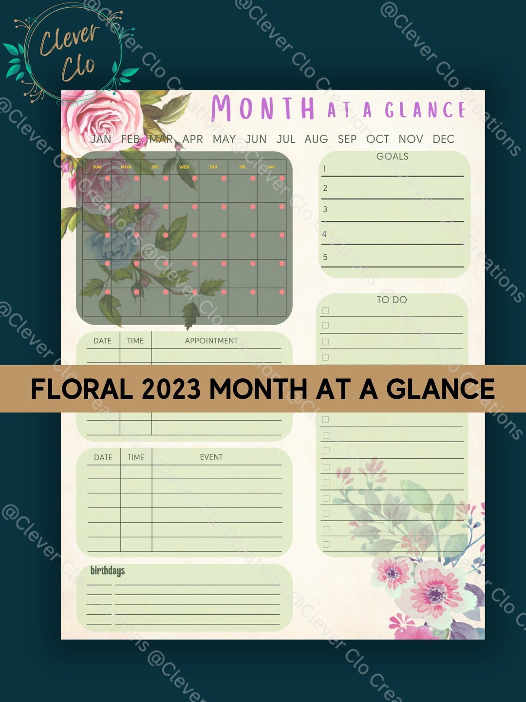 Floral Month at a Glance, Month at a Glance Printable, MONTH at a ...
