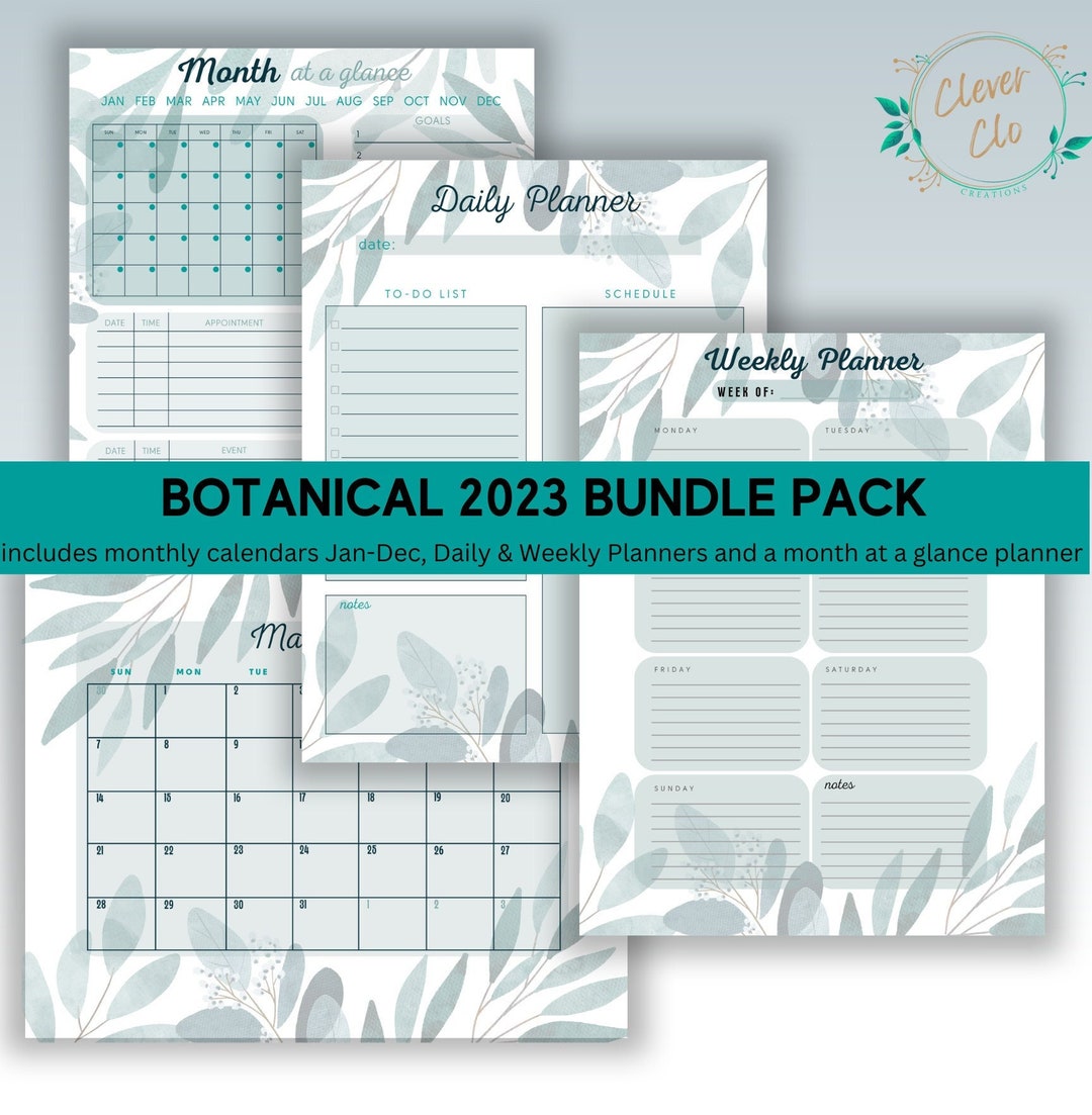 Botanical Bundle Pack, Monthly Calendars 2023, Daily Planner, Weekly ...