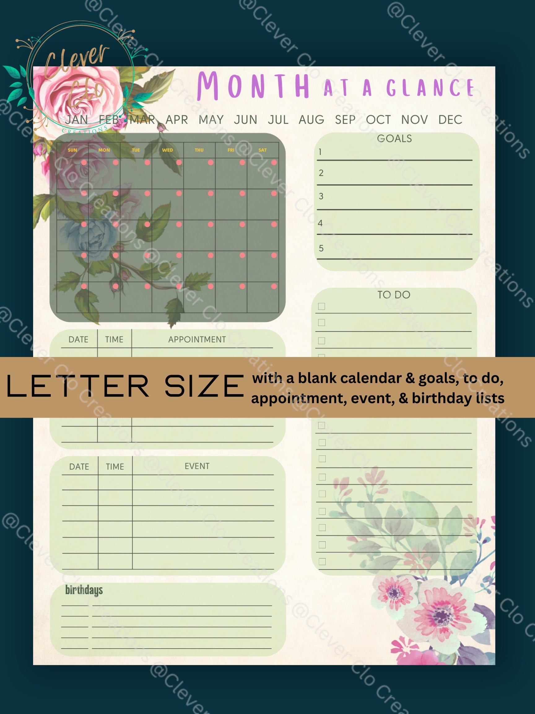 Floral Month at a Glance, Month at a Glance Printable, MONTH at a ...