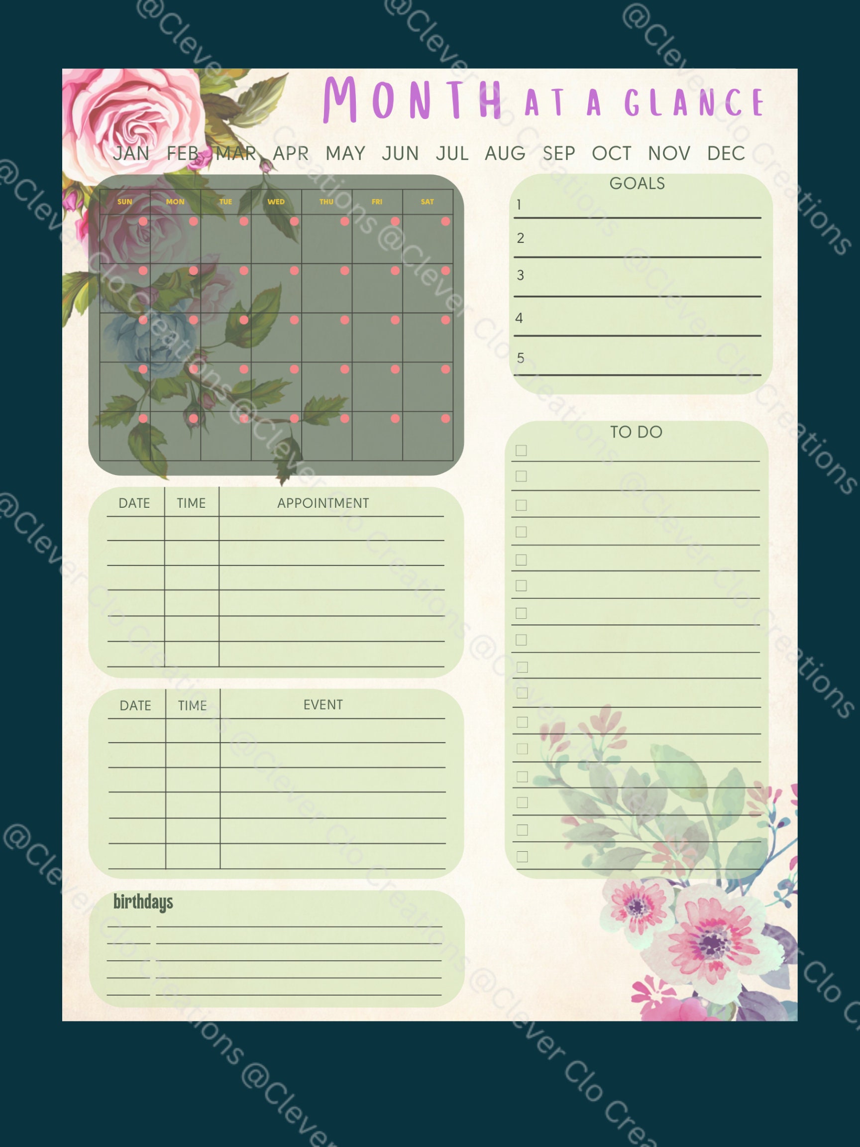 Floral Month at a Glance, Month at a Glance Printable, MONTH at a ...