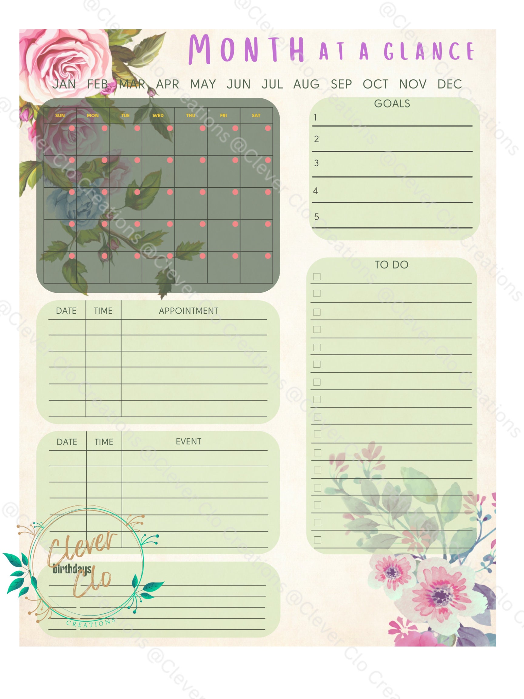 Floral Month at a Glance, Month at a Glance Printable, MONTH at a ...