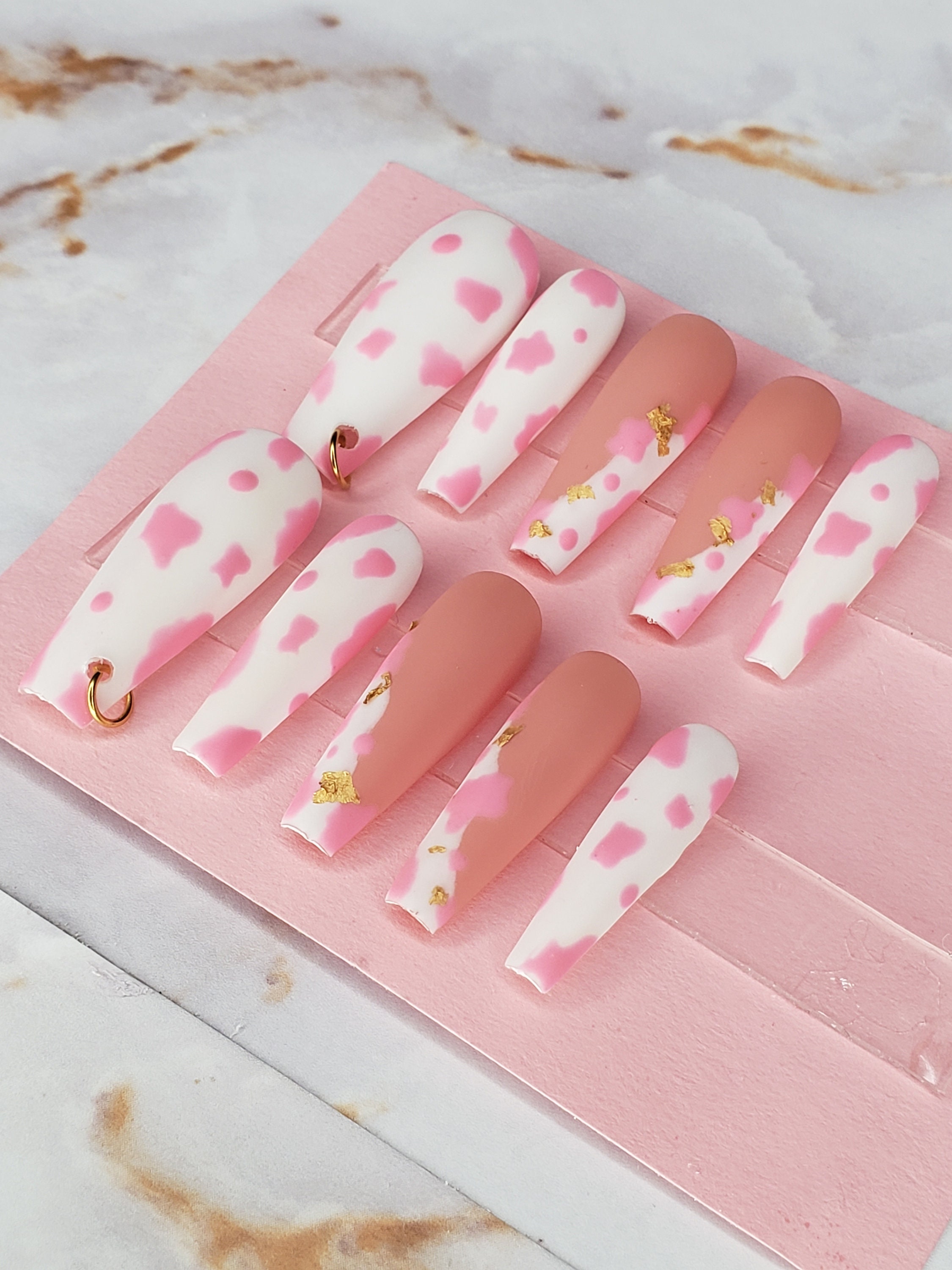 Pink Cow Print Nails - Etsy