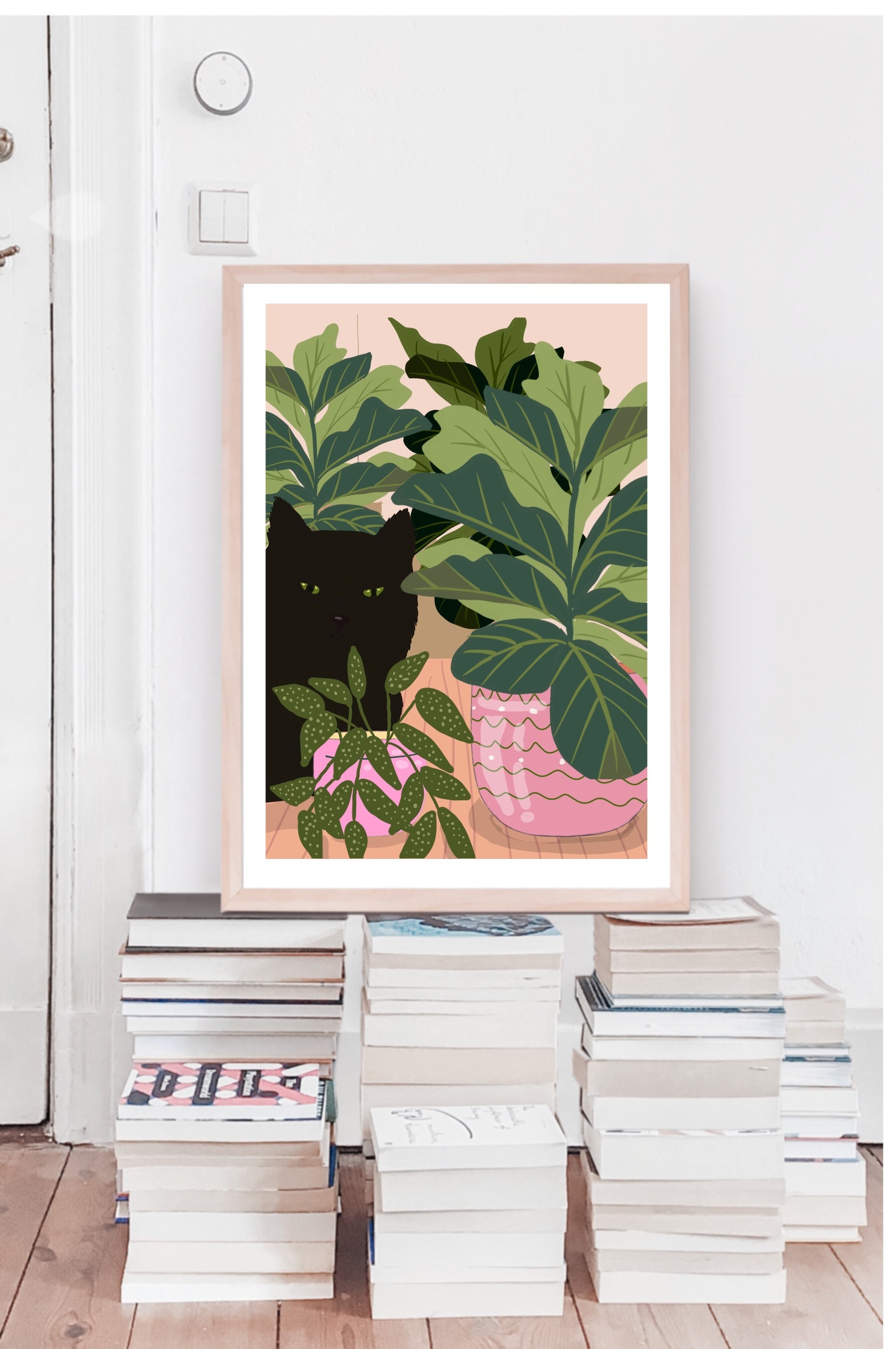 Digital Download of a Black Cat, Fig Leaf Plant, Ficus, Plants and Pink ...