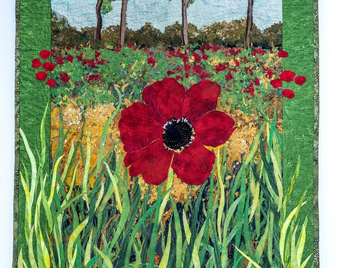 The Anemones, Flower Quilt, Quilted Landscape, Art Quilt Wall Hanging ...