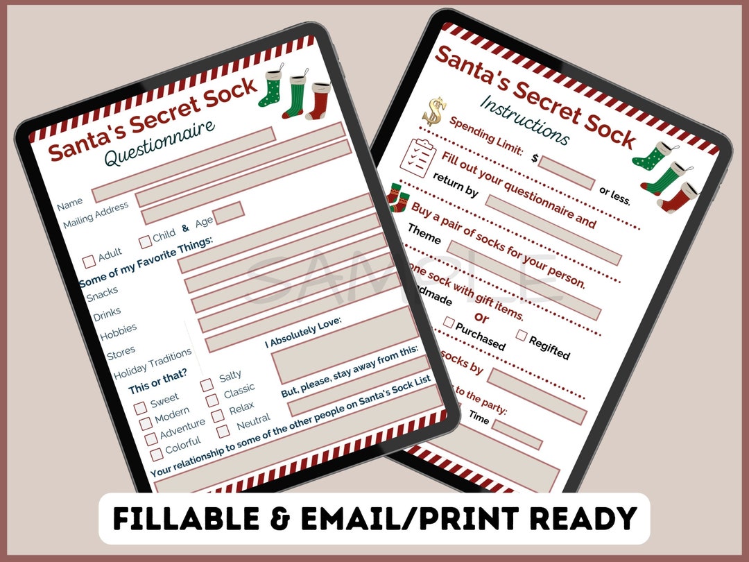 FILLABLE Secret Santa Sock Gift Exchange Questionnaire WITH Fillable ...