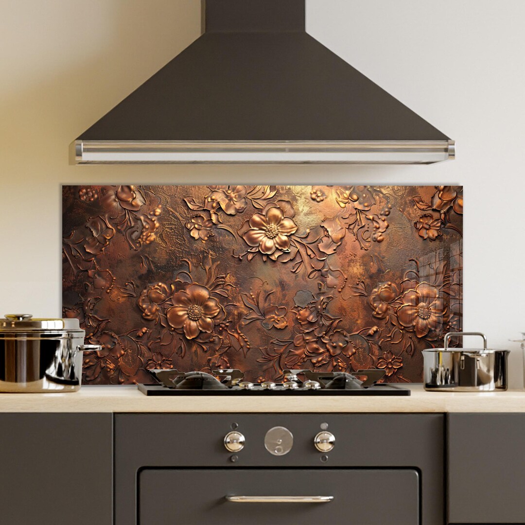 Copper Flowers Splashback, Tempered Glass Kitchen Backsplash, Kitchen ...