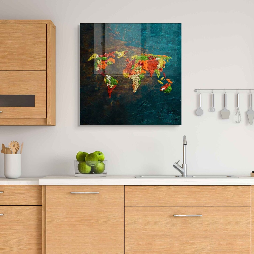 World Map Tempered Glass Wall Art, Kitchen Wall Art Decor, Large Wall ...