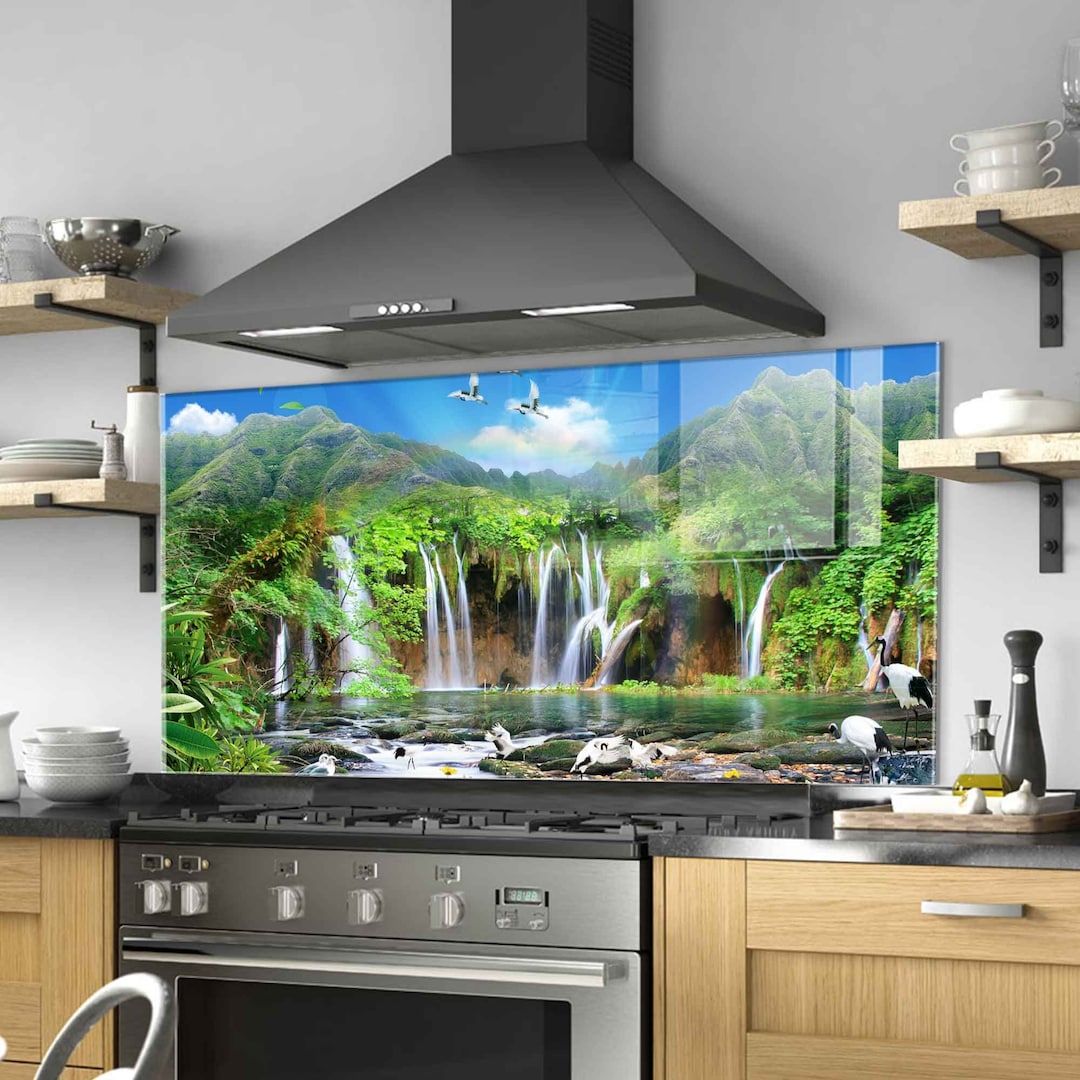 Stove Backsplash Glass Panel, Kitchen Wall Decor, Stove Top Back Cover ...