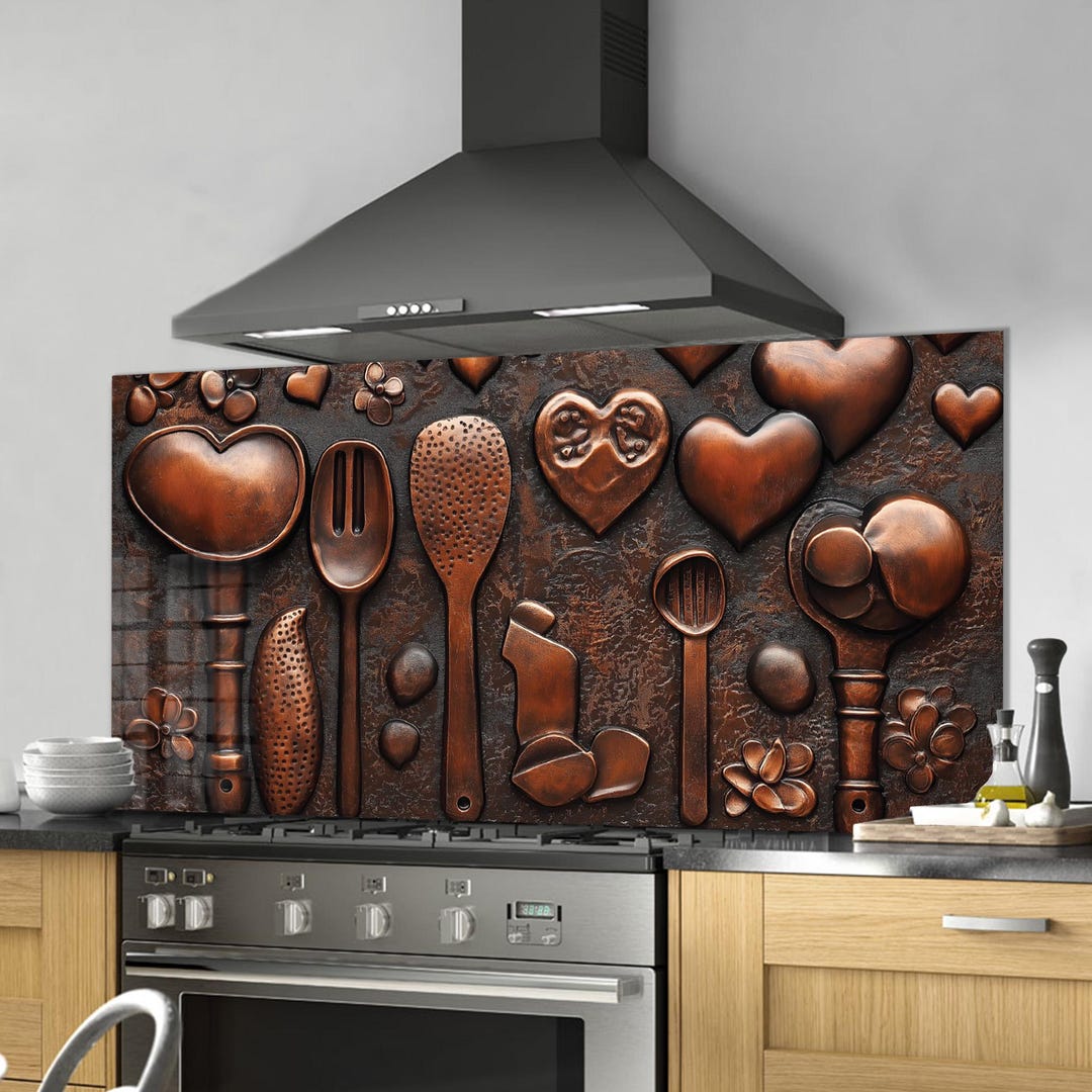 Tempered Glass Backsplash, Heart and Spoon Kitchen Splashback, Stove ...