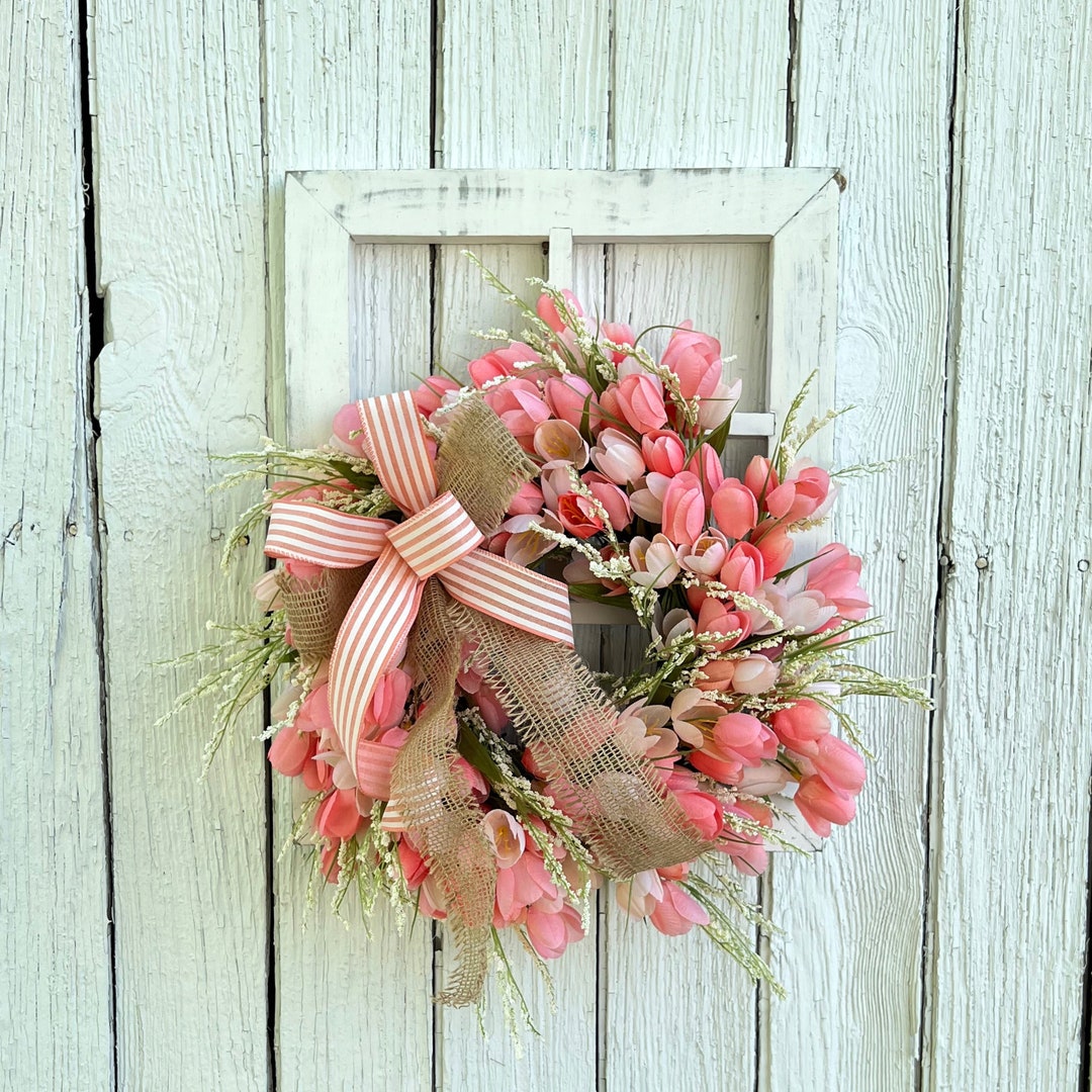 Coral Tulip Farmhouse Spring Wreath Wall Decor, Farmhouse Window Pane ...