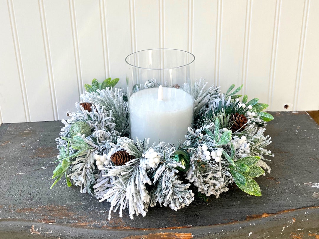 Winter Pine Candle Ring Home Decor, Evergreen Candle Ring, Snow Covered ...